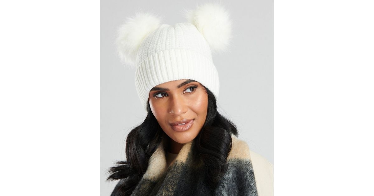 South Beach White Knit Double Faux Fur Bobble Hat | New Look