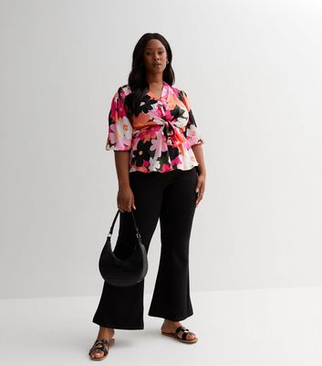 Curves Black Floral Tie Front Top | New Look