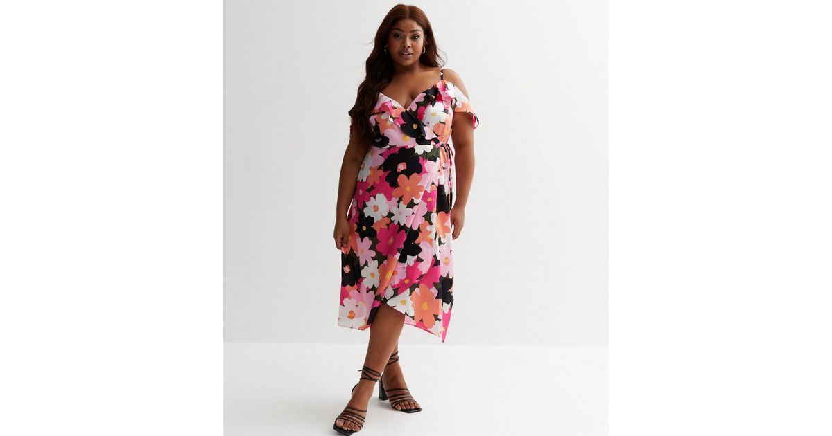 Curves Black Floral Cold Shoulder Wrap Midi Dress | New Look