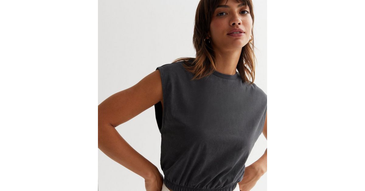 Dark Grey Cotton Ruched High Neck Tank Top | New Look