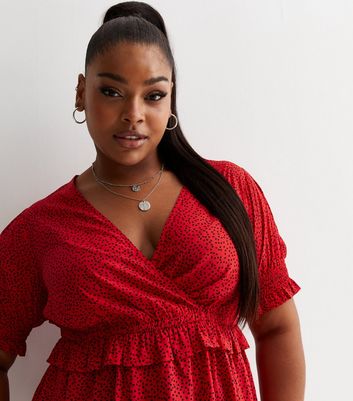 Curves Red Animal Print Frill Waist Wrap Top | New Look
