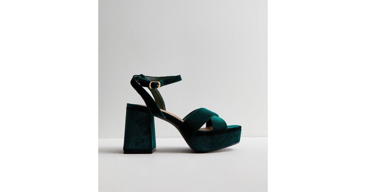 Dark Green Velvet 2 Part Platform Block Heel Sandals | New Look