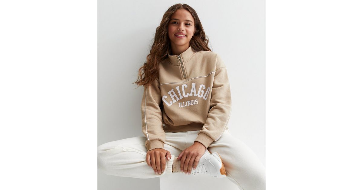 Girls Camel Chicago Zip Neck Logo Sweatshirt | New Look