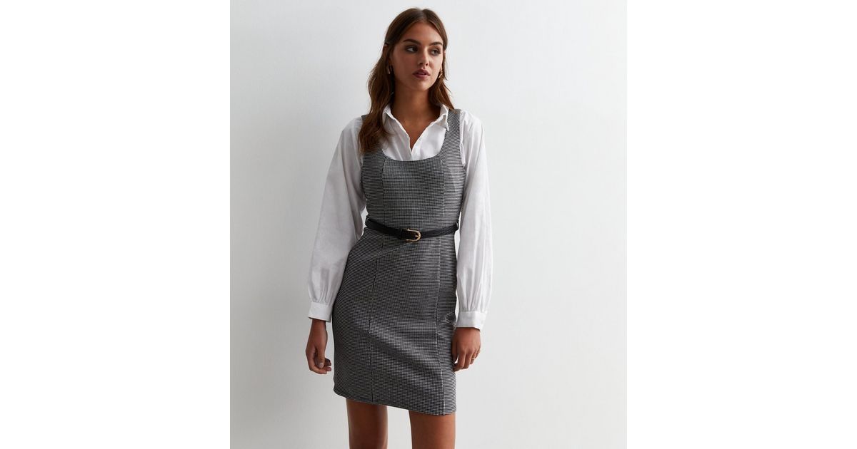 Light Grey Check Belted Mini Pinafore Dress | New Look