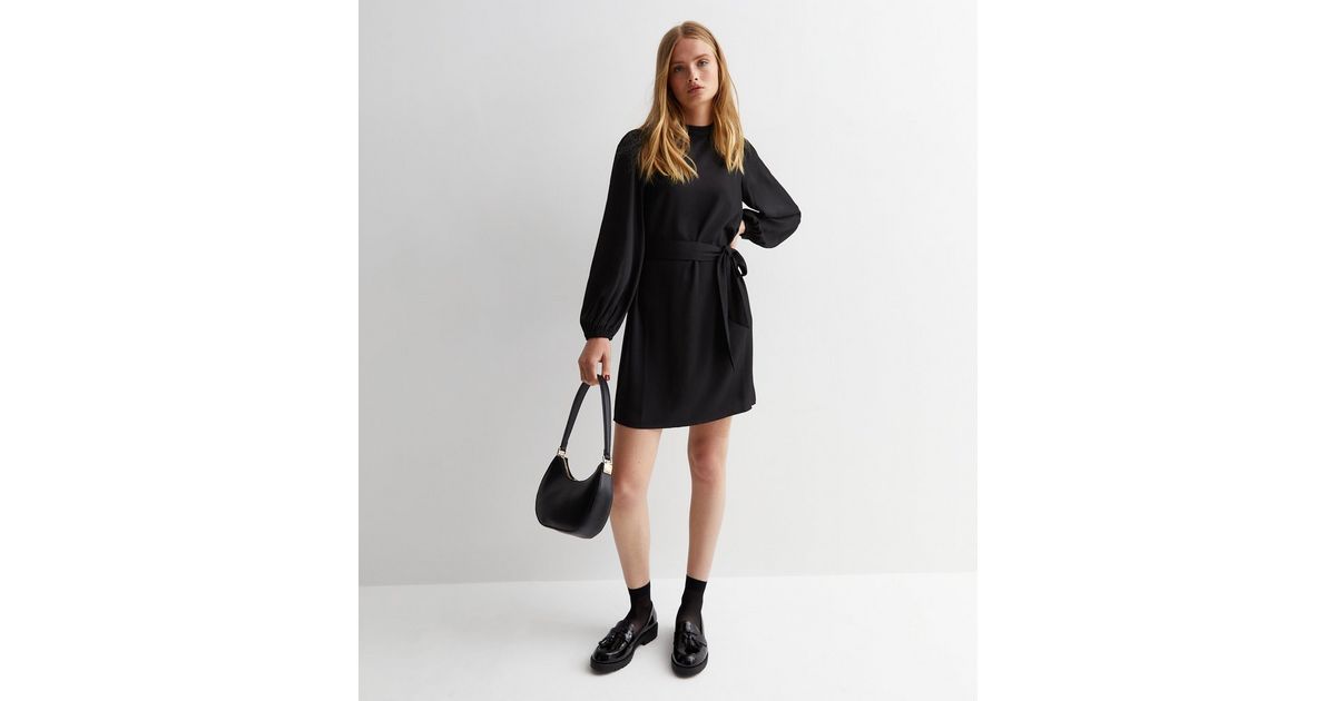 Black High Neck Belted Tunic Dress | New Look