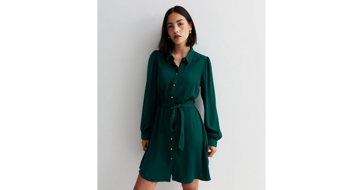 Dark Green Belted Mini Shirt Dress | New Look