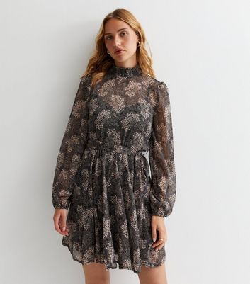 Black Floral Chiffon High Neck Mini Dress | New Look