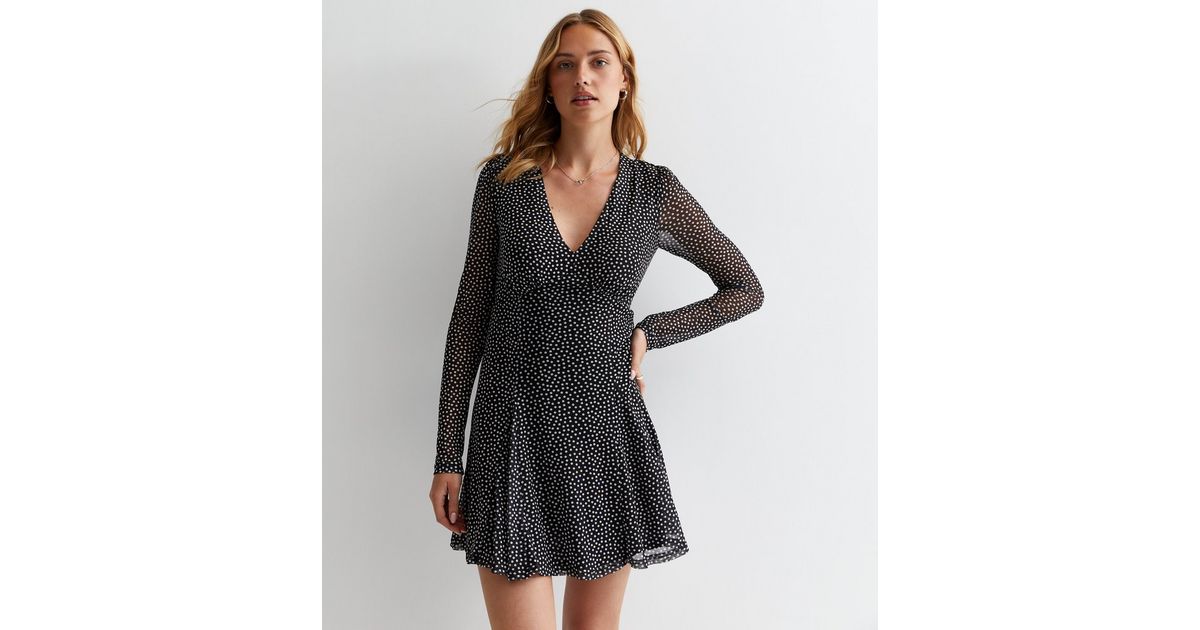Black Spot Mesh V Neck Mini Dress | New Look
