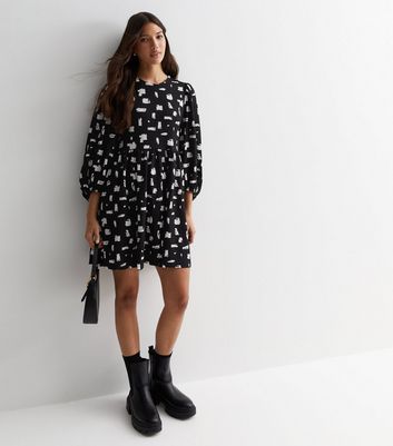 Black Mark Making Crinkle Puff Sleeve Mini Dress | New Look