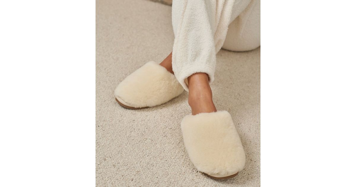 Loungeable Cream Real Sheepskin Fluffy Mule Slippers | New Look