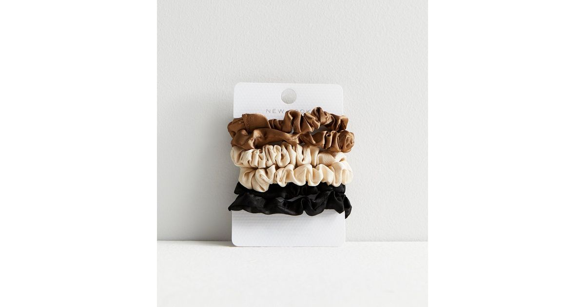6 Pack of Brown Black and Off White Satin Mini Scrunchies | New Look
