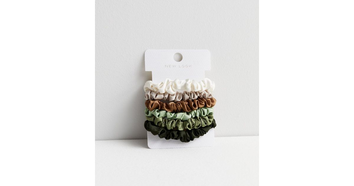 6 Pack of Olive and Brown Satin Mini Scrunchies | New Look