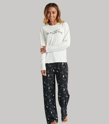 Loungeable White Trouser Pyjama Set with Moon Print | New Look
