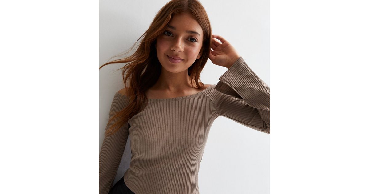 Girls Light Brown Ribbed Jersey Bardot Flared Sleeve Top | New Look