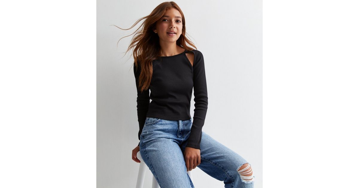 Girls Black Ribbed Long Sleeve Cut Out Top | New Look