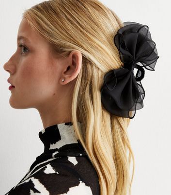 Black Organza Bow Bulldog Hair Clip | New Look