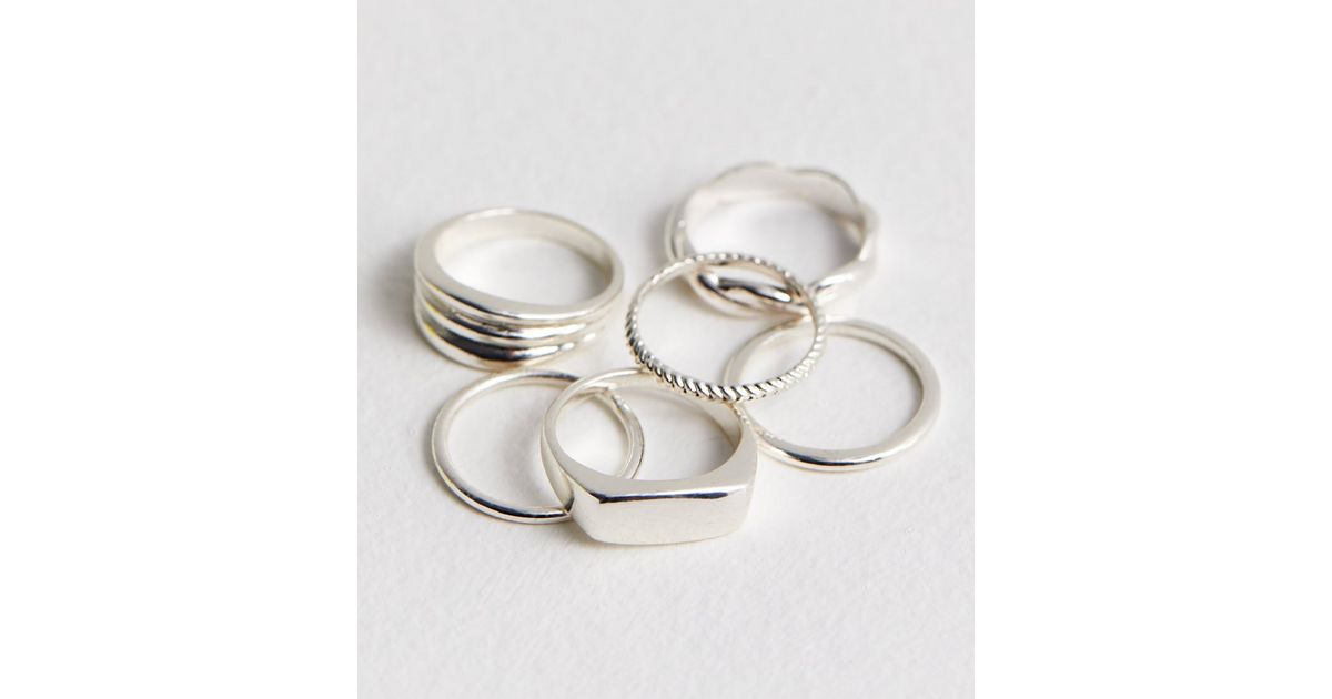 6 Pack Silver Chunky Stacking Rings | New Look