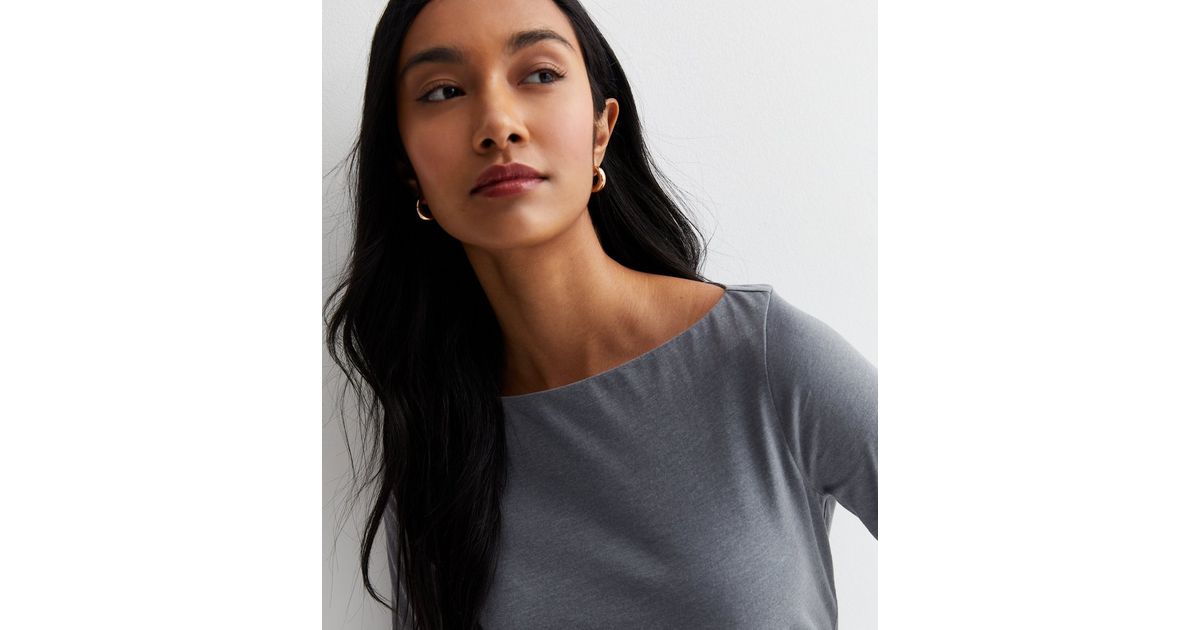 Grey Slash Neck Long Sleeve Top | New Look