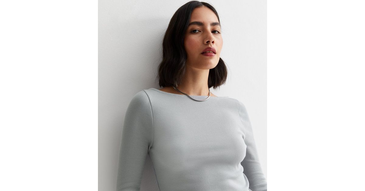 Grey Ribbed Slash Neck Top | New Look