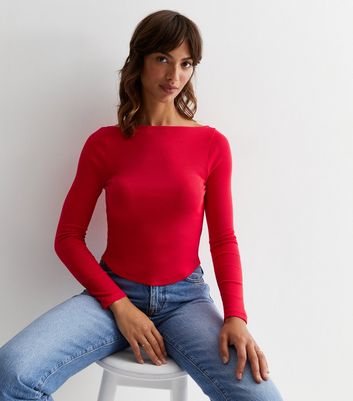 Red Ribbed Slash Neck Top | New Look