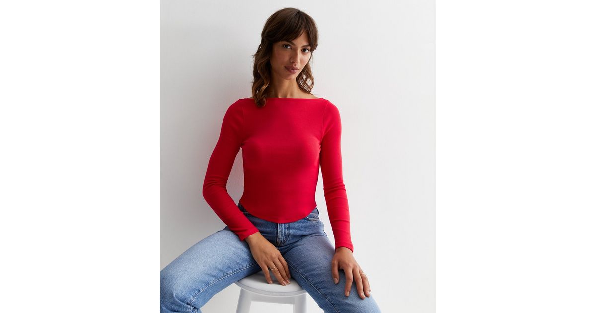 Red Ribbed Slash Neck Top | New Look