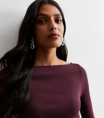 Burgundy Ribbed Slash Neck Top | New Look