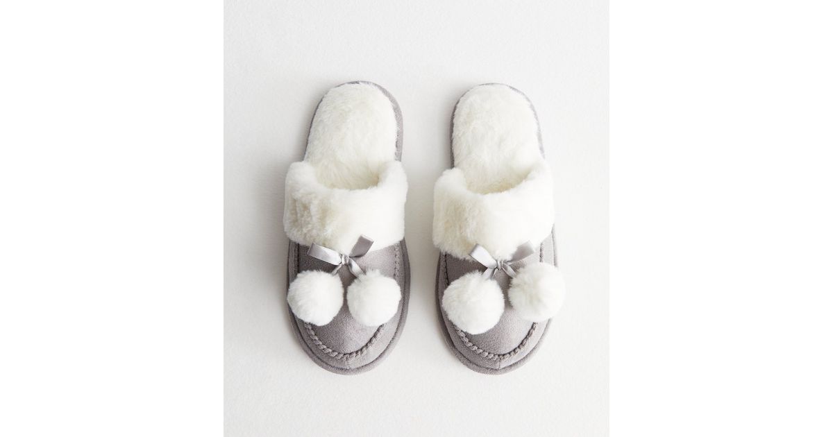Grey Suedette Faux Fur Pom Pom Slippers | New Look