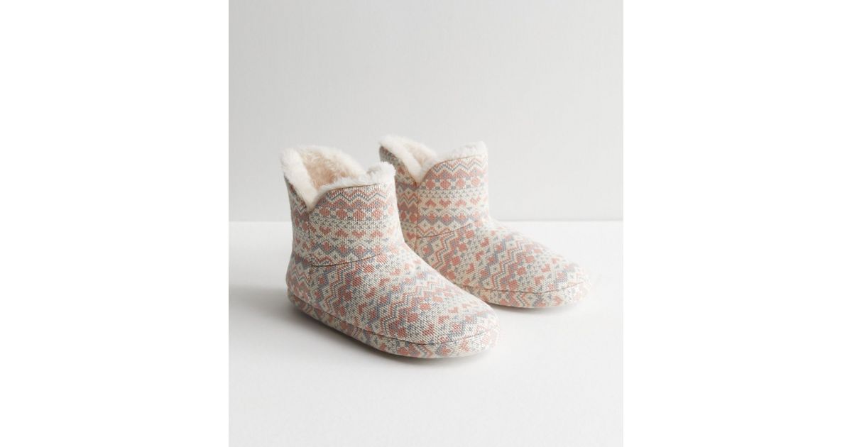 Cream Fair Isle Knit Slipper Boots | New Look