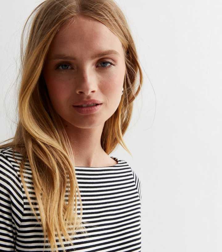 Black Stripe Cotton Slash Neck Long Sleeve Top | New Look