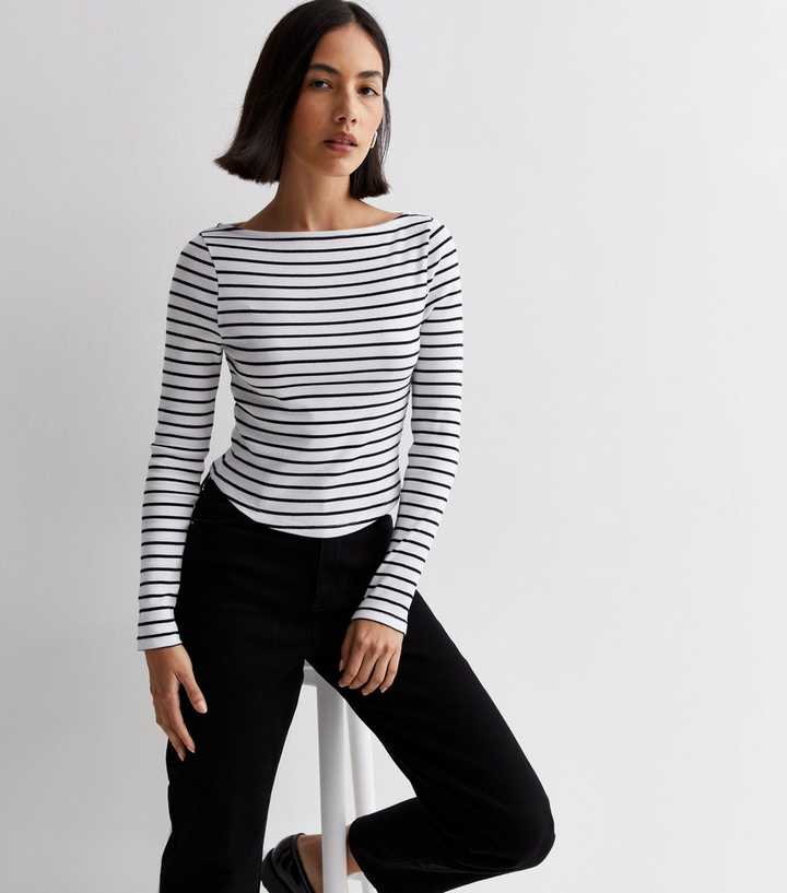 White Stripe Slash Neck Crop Top | New Look