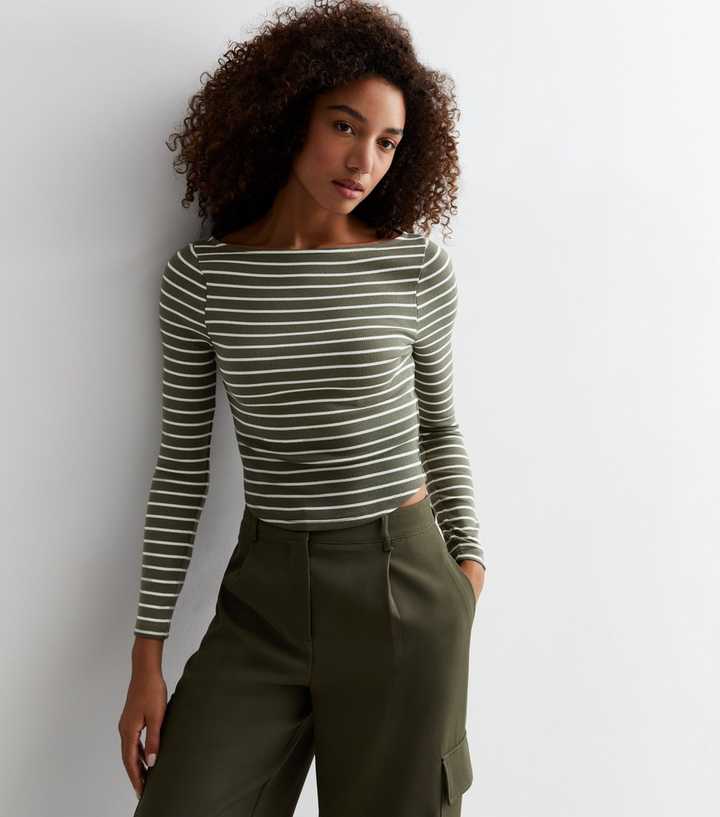 Green Stripe Slash Neck Crop Top | New Look