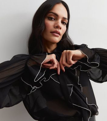 Black Chiffon Ruffle Tie Neck Blouse | New Look