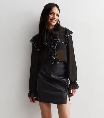 Black Chiffon Ruffle Tie Neck Blouse | New Look