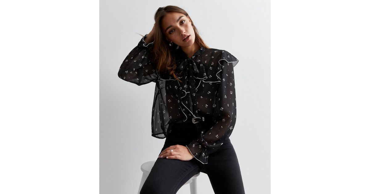 Black Floral Chiffon Ruffle Blouse | New Look