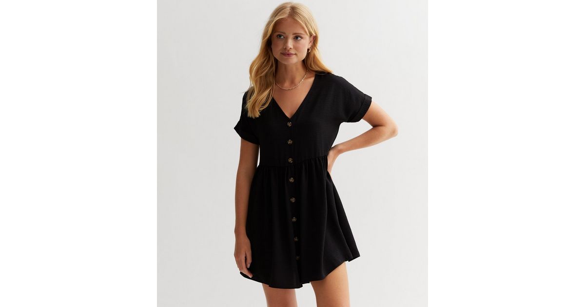 Black Button Front Smock Mini Dress | New Look
