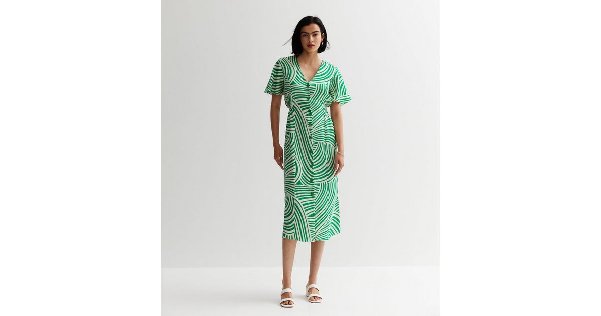 Green Swirl Button Front Midi Dress | New Look