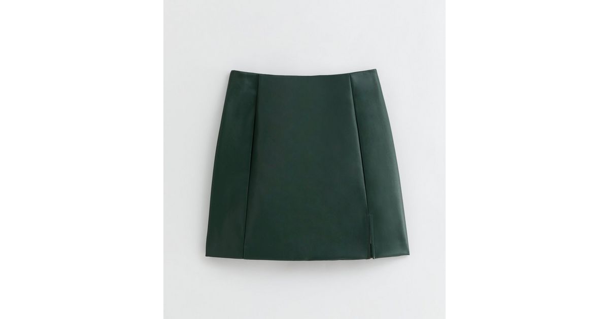 Petite Dark Green Leather-Look Split Hem Mini Skirt | New Look