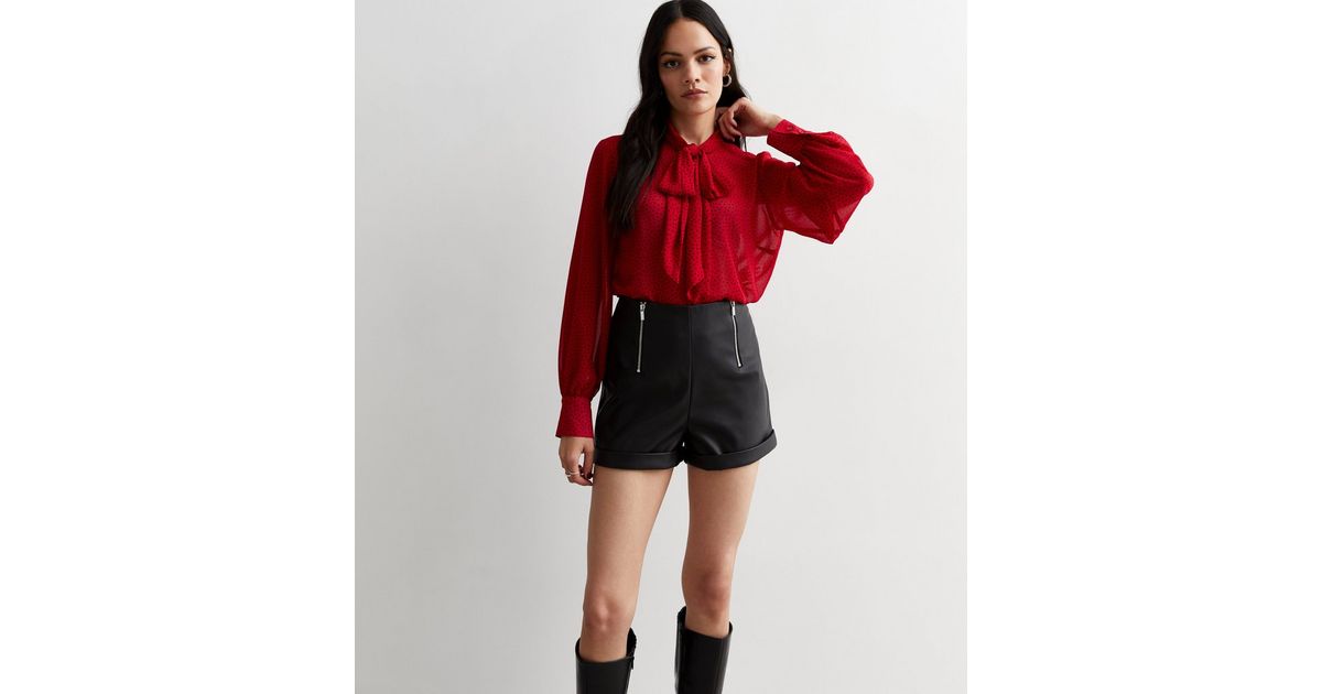 Black Leather-Look Zip Front Shorts | New Look