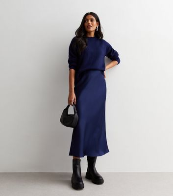 Indigo Shine Satin Bias Cut Midi Skirt | New Look