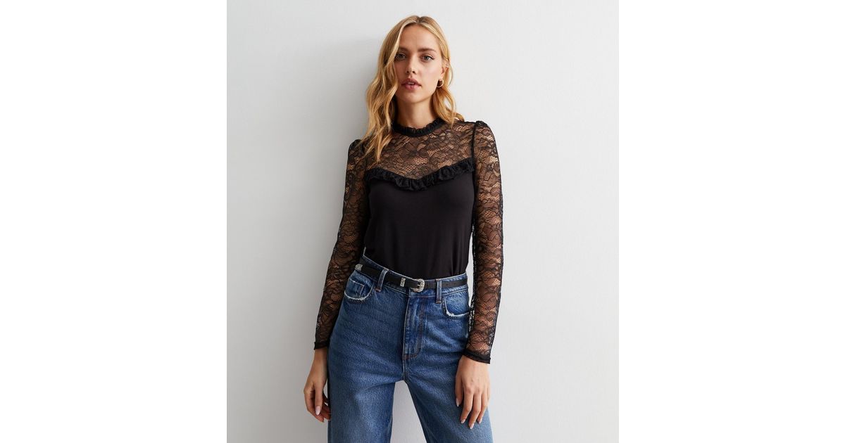 Black Lace High Neck 2-in-1 Top | New Look