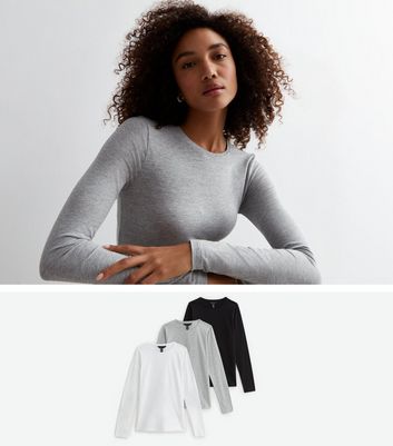 3 Pack Grey Black and White Jersey Long Sleeve Tops | New Look