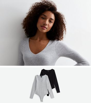 2 Pack Black and Grey Jersey V Neck Bodysuits | New Look
