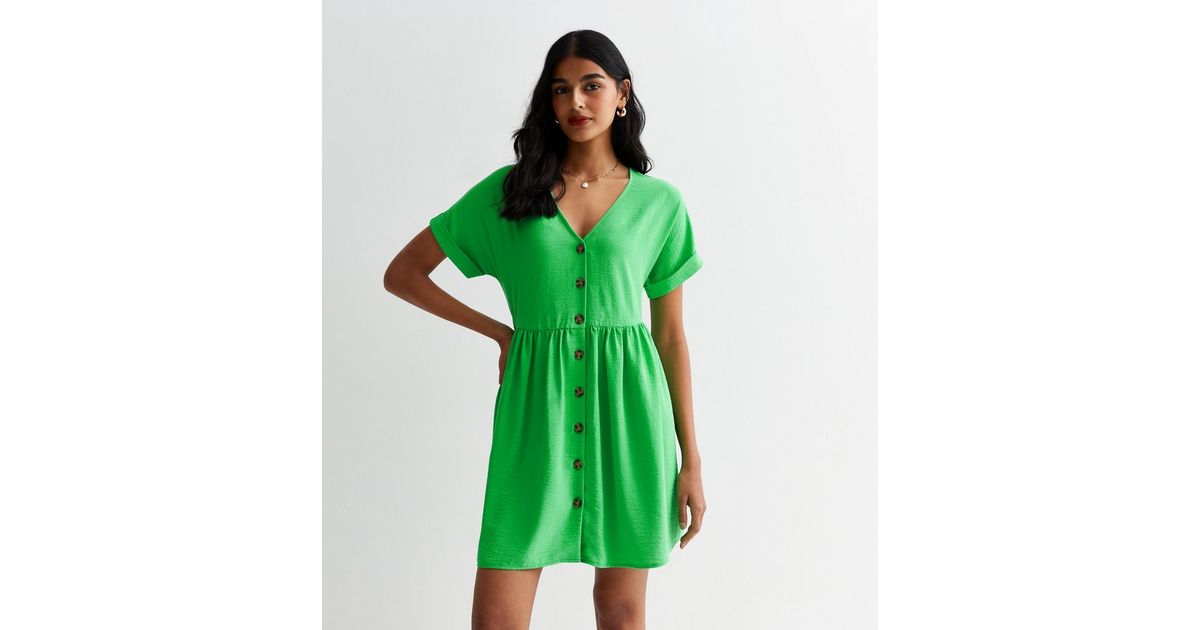 Green Button Front Smock Mini Dress | New Look