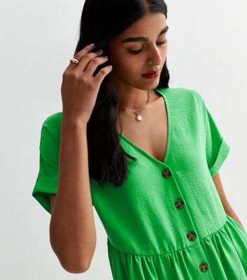Green Button Front Smock Mini Dress | New Look