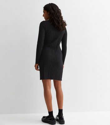 Petite Black Ribbed Knit High Neck Mini Dress | New Look