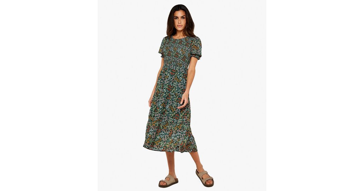 Apricot Green Ditsy Floral Shirred Smock Midi Dress New Look