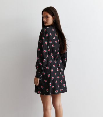 Black Floral Crepe High Neck Mini Dress | New Look