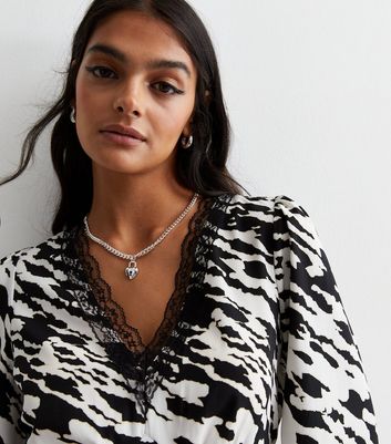 White Animal Print Lace Trim Mini Dress | New Look