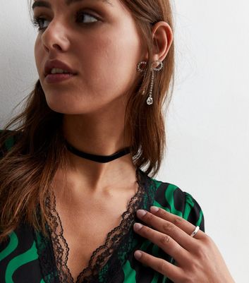 Green Wave Print Lace Trim Mini Dress | New Look