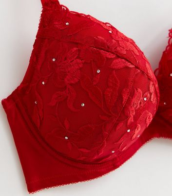 Red Floral Lace Diamanté Plunge Bra | New Look